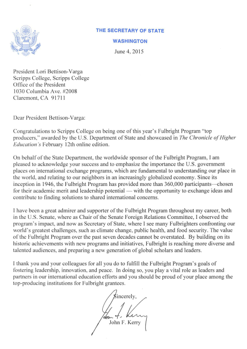 Secretary of State Kerry recognizes Scripps College as top producer of ...
